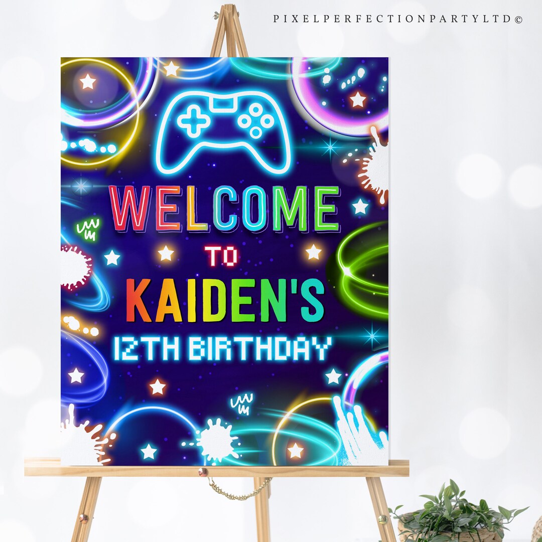 Editable Video Game Birthday Party Welcome Sign Neon Gamer Birthday ...