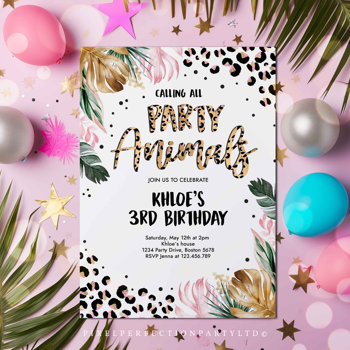 Editable Party Animals Birthday Invitation Leopard Print Jungle ...