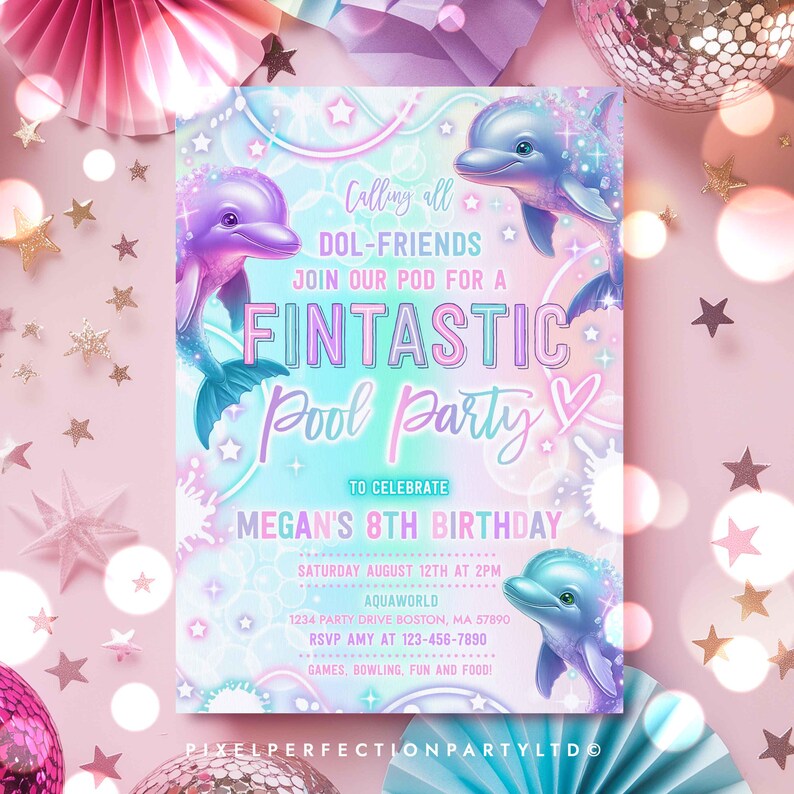 Editable Dolphin Pool Party Invitation Tie Dye Neon Glow Dolphin Under ...