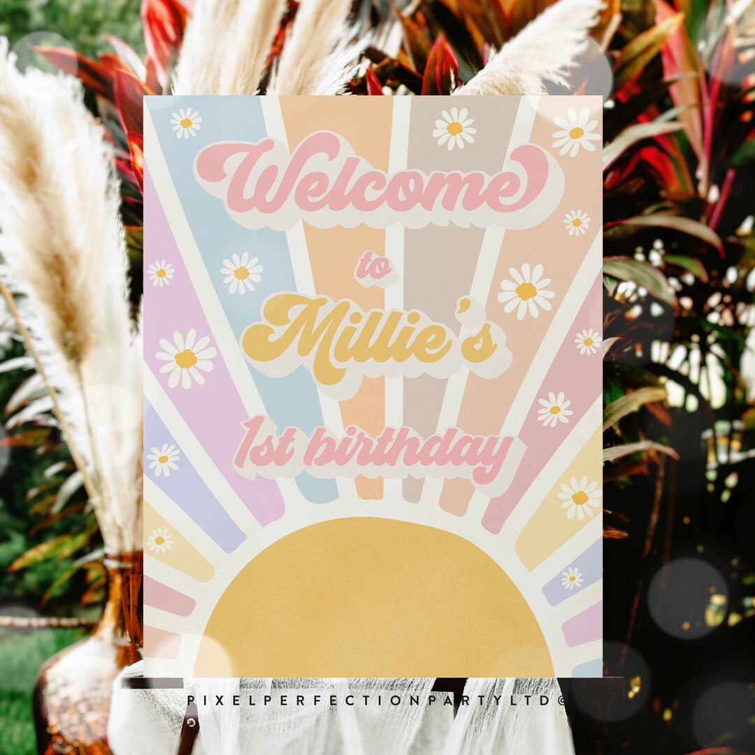 Editable Groovy Birthday Party Welcome Sign Retro Sunshine Groovy One ...