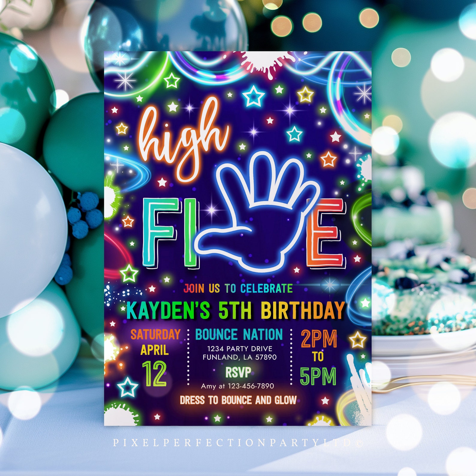 Editable High Five Birthday Party Invitation Neon Glow High Five Hi ...