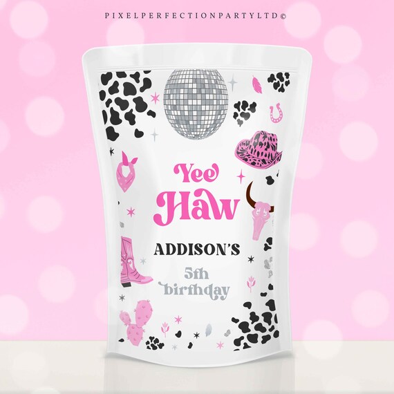 Editable Space Cowgirl Birthday Party Juice Pouch Labels Pink Disco ...