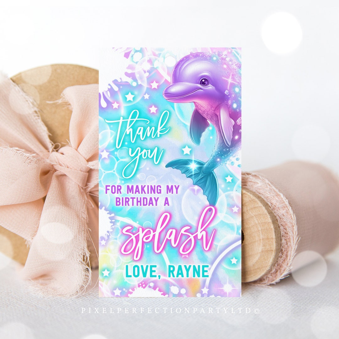 Editable Dolphin Birthday Party Favor Tag Tie Dye Neon Glow Rainbow ...