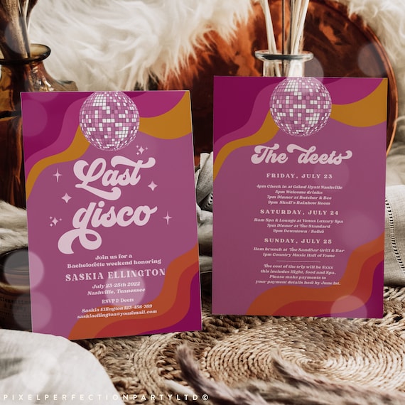 Editable Last Disco Retro Bachelorette Weekend Invitation And Itinerary ...