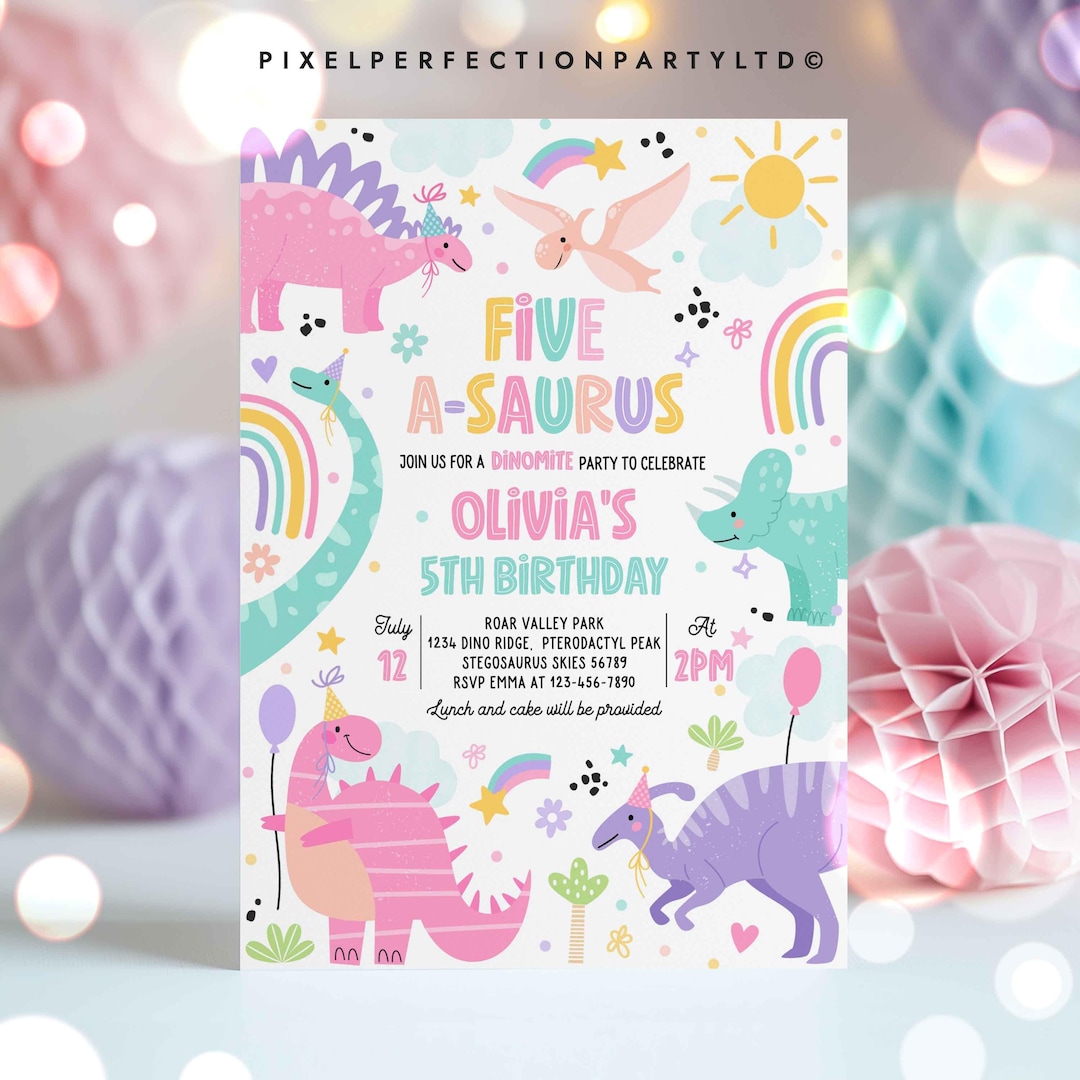 Editable Five-a-saurus Dinosaur 5th Birthday Party Invitation Pink T ...