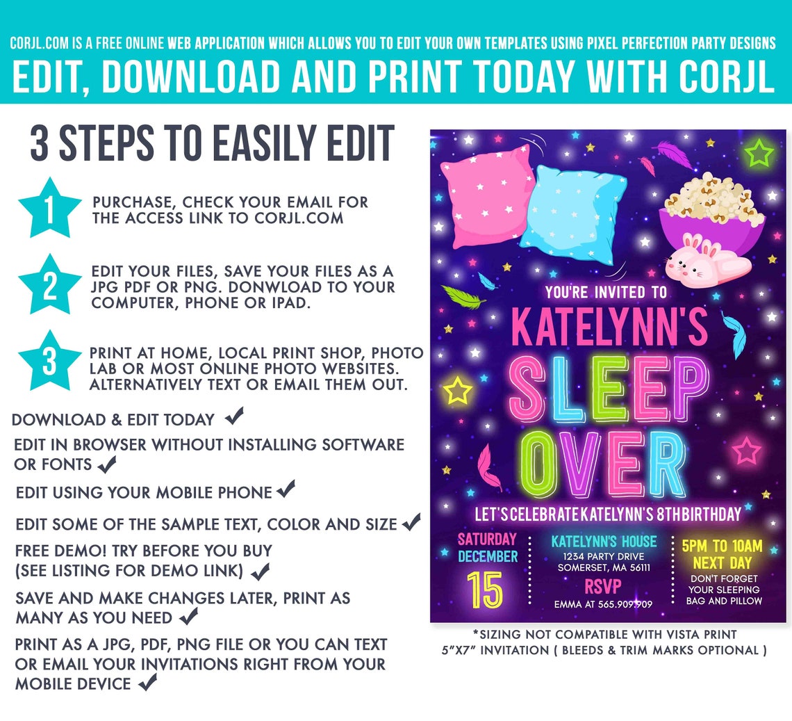 Editable Sleepover Invitation Slumber Party Invitation | Etsy UK