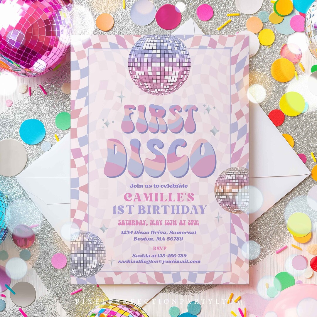 Editable First Disco Birthday Invitation Groovy Disco 1st Birthday ...