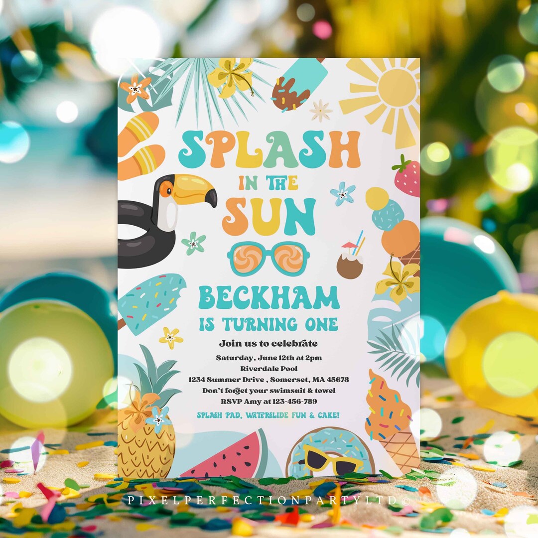 Editable Splash in the Sun 1st Birthday Party Invitation Boy Tropical ...