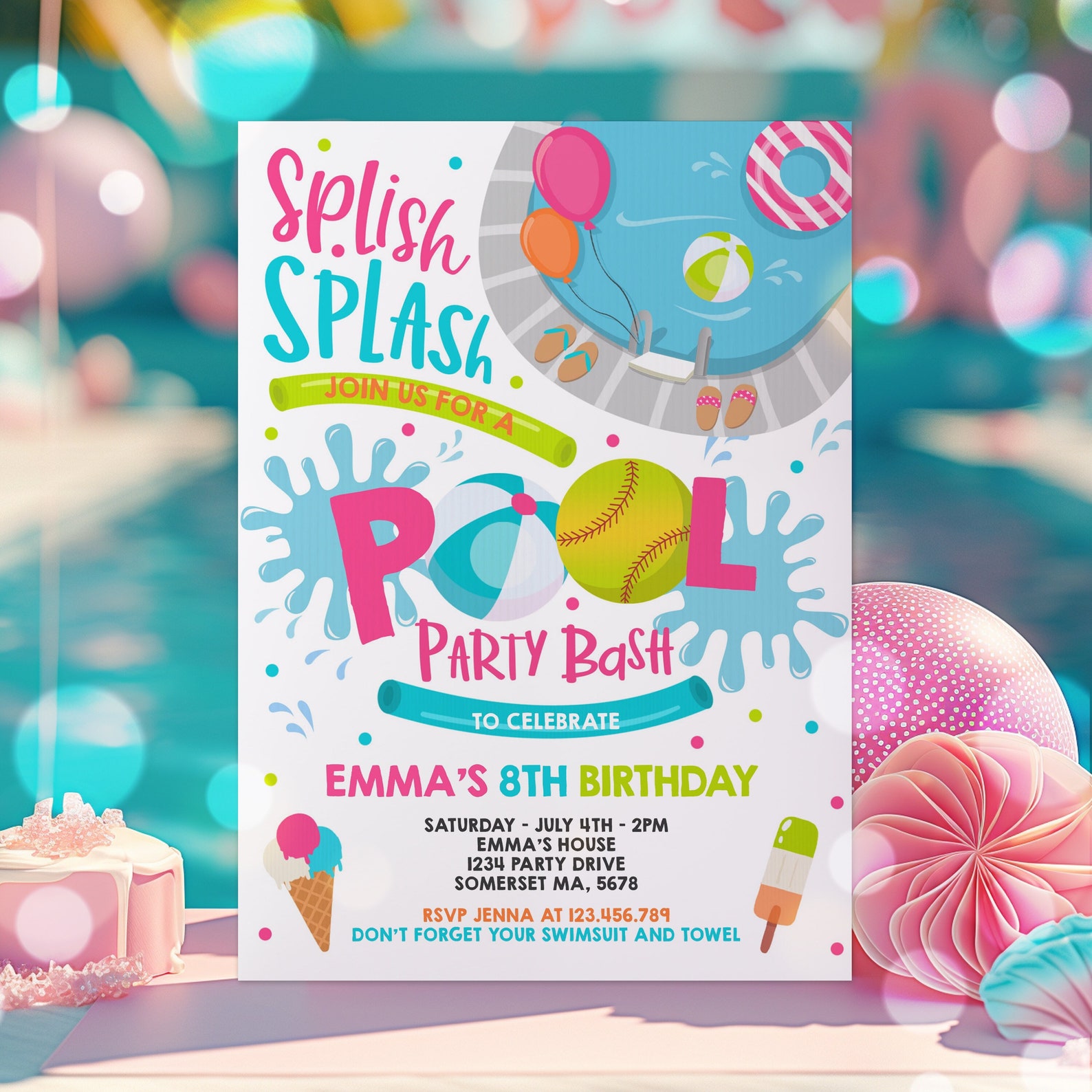 Editable Softball Pool Party Birthday Invitation Girl Summer Softball ...