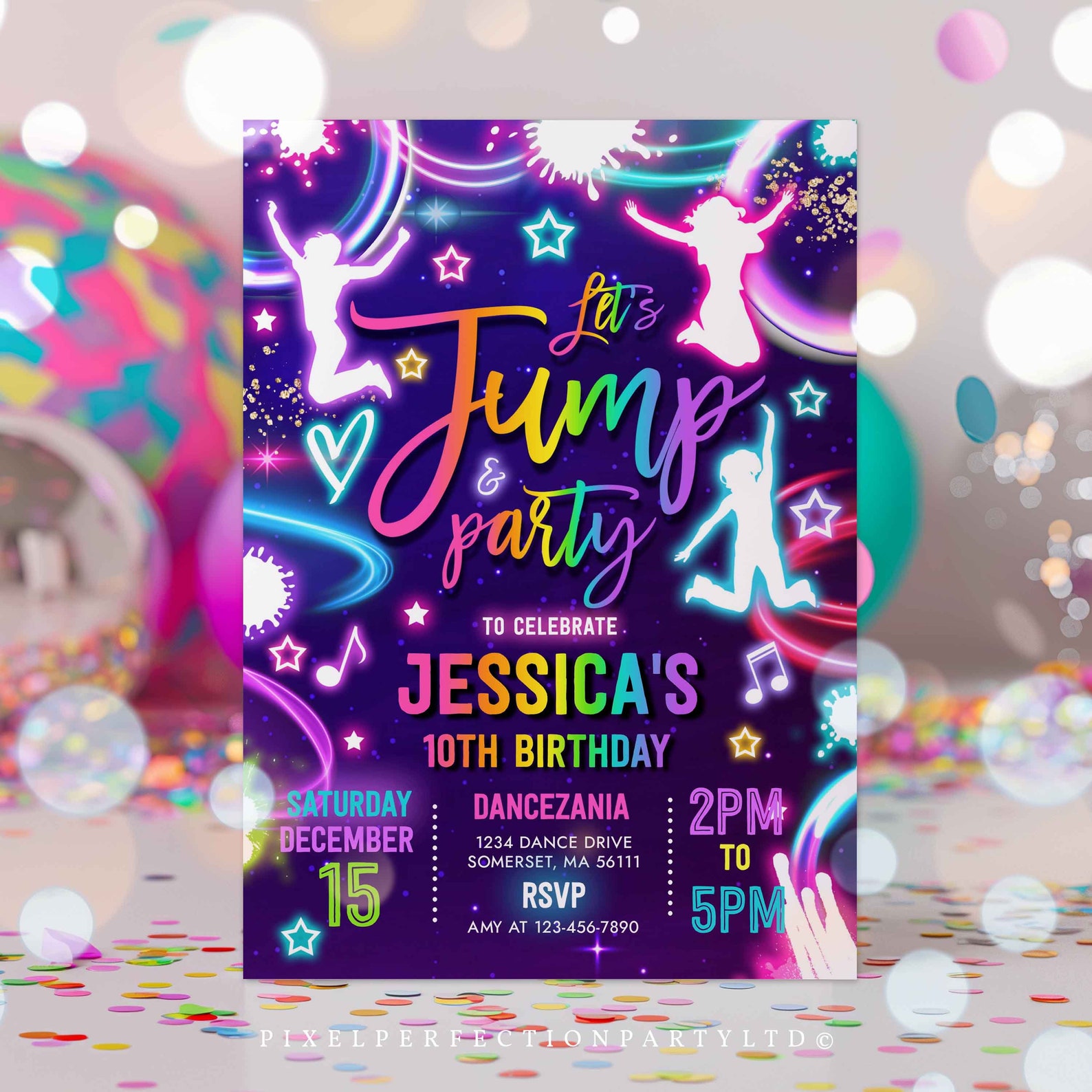 Editable Jump Birthday Party Invitation Neon Glow Jump Birthday Party ...