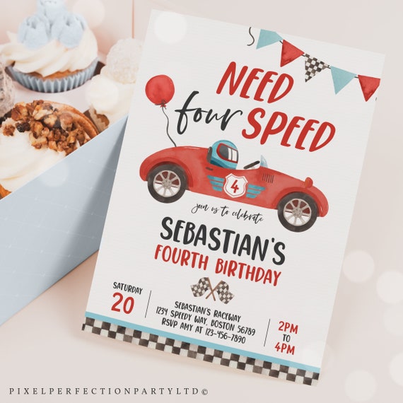 Editable Need Four Speed Race Car 4th Birthday Invitation Boy Vintage ...