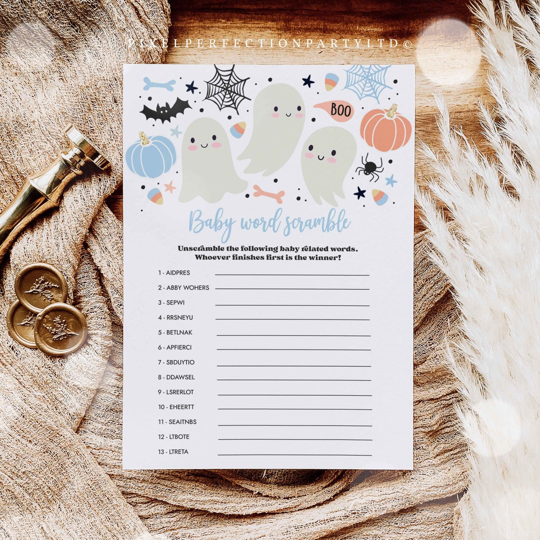 Editable Little Boo Baby Shower Baby Word Scramble Game Halloween Blue ...