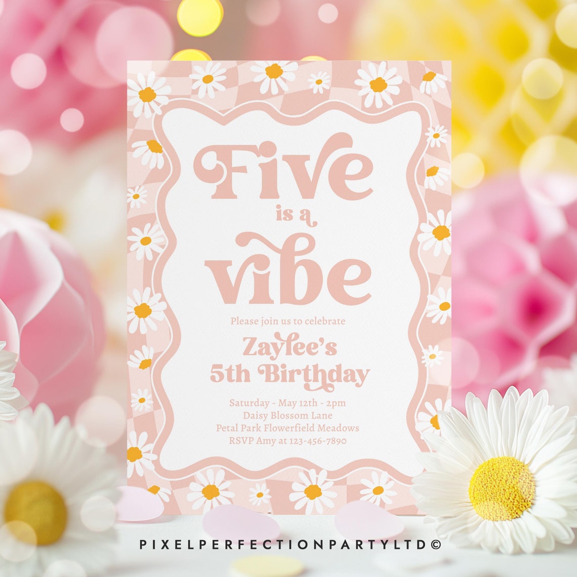 Editable Daisy Five is A Vibe 5th Birthday Party Invitation Pink Wavy ...