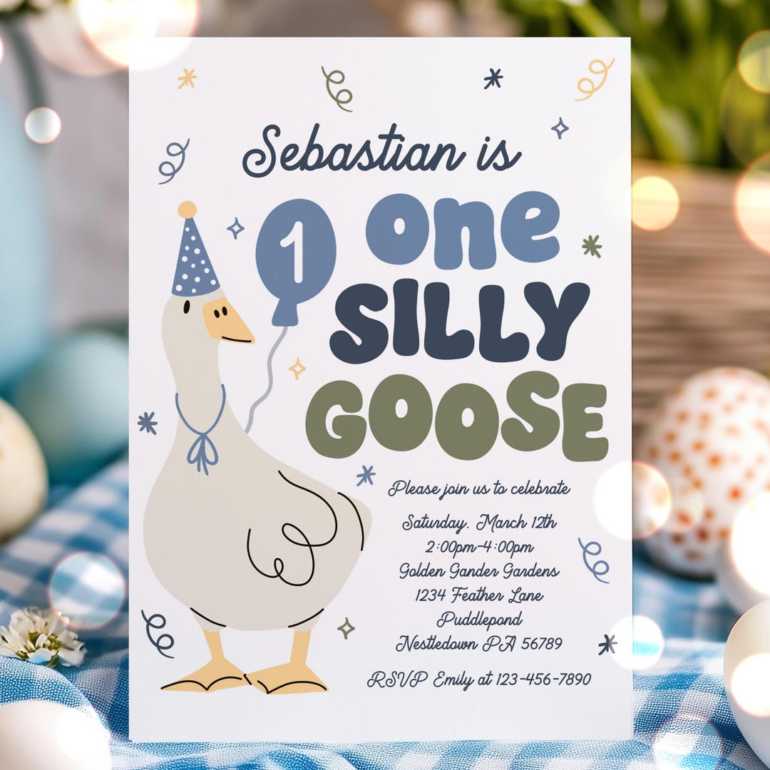 Editable One Silly Goose Birthday Party Invitation Blue Party Goose ...