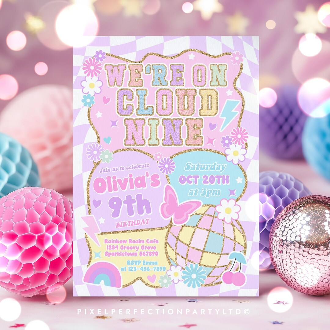 Editable Cloud 9 Birthday Party Invitation Varsity Fashion Preppy 9th ...