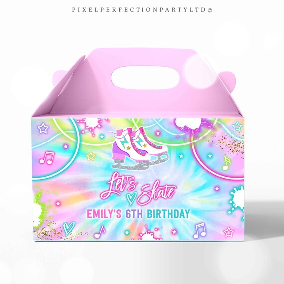 Editable Ice Skating Birthday Party Gable Box Label Tie Dye Ice Skating ...