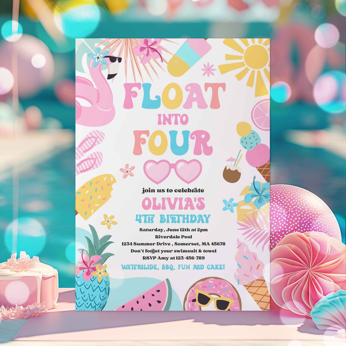Editable Float Into Four 4th Birthday Pool Party Invitation Tropical ...