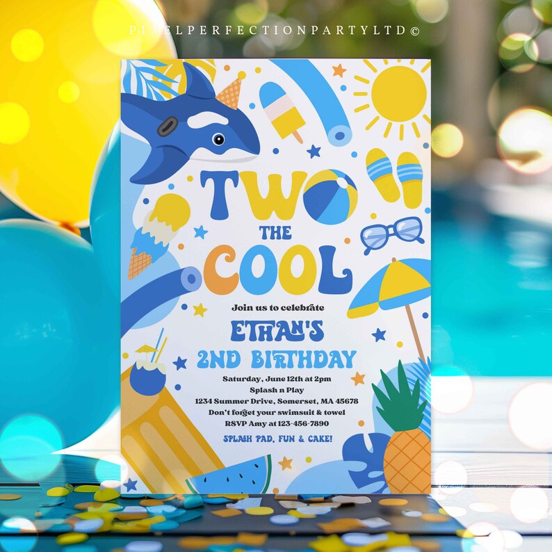 Editable Two Cool Birthday Party Invitation Tropical Splish Splash ...