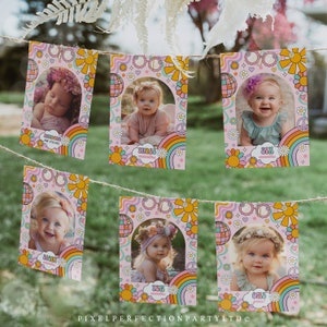 Editable Groovy Birthday Party Monthly Photo Banner Peace Love Party ...