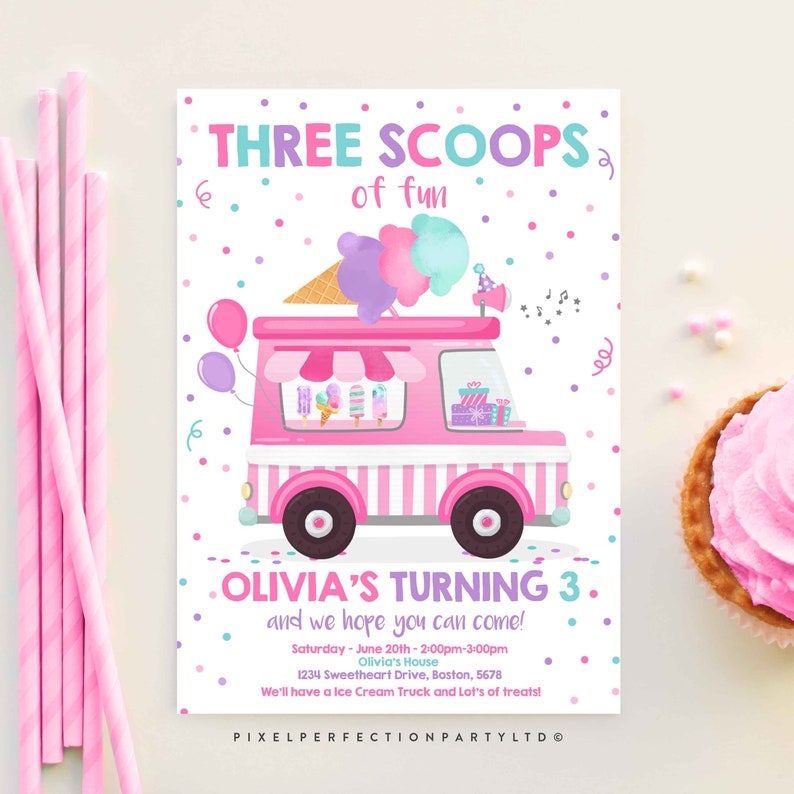 Editable Ice Cream Truck Three Scoops of Fun 3rd Birthday - Etsy