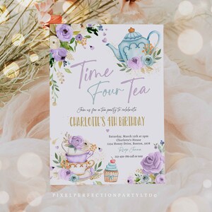 Editable Tea Party Birthday Invitation Time Four Tea 4th Birthday Party ...