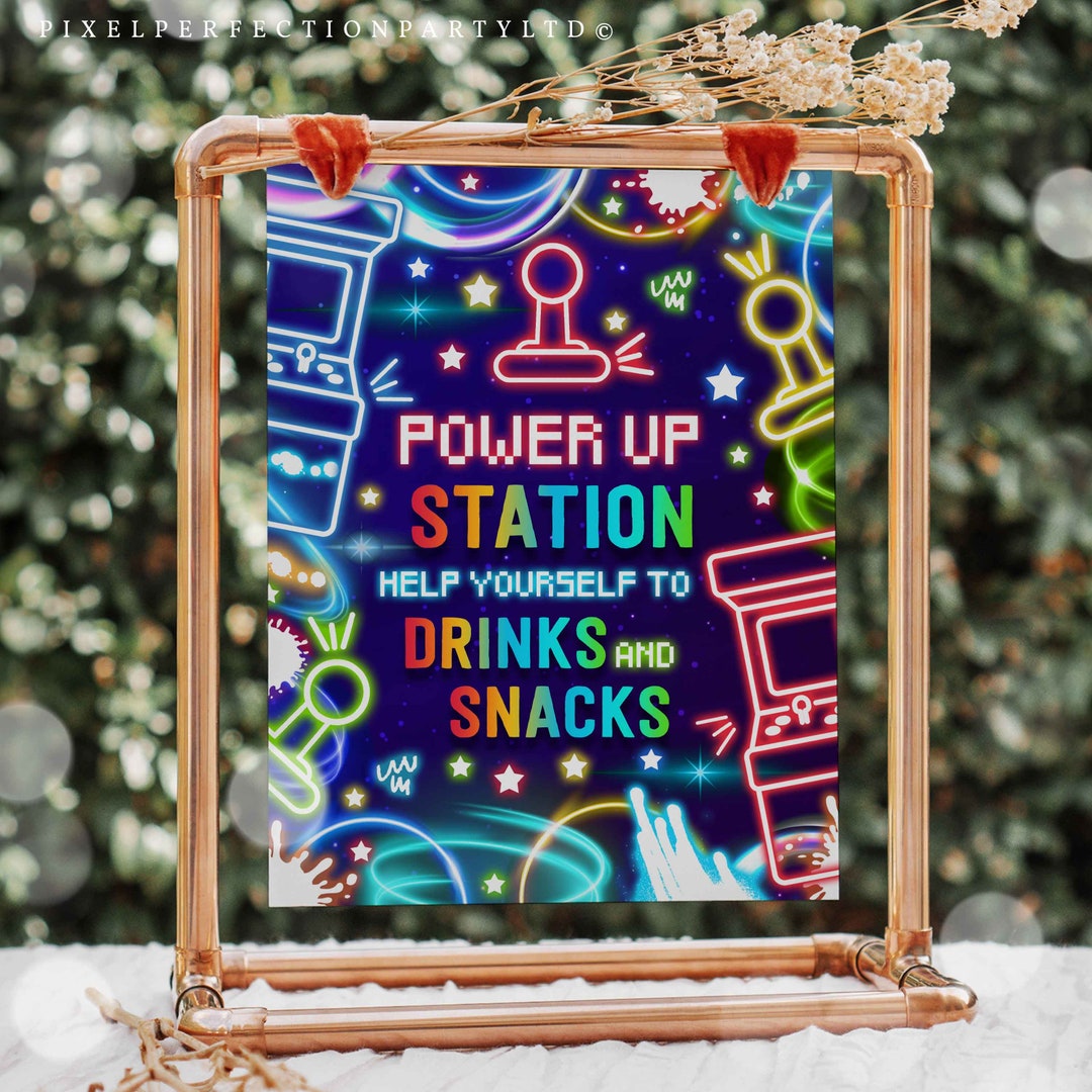 Arcade Party Birthday Power up Station Sign Neon Glow Retro Video ...