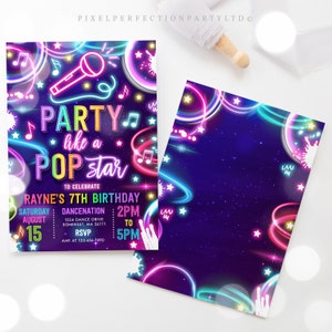 Editable Pop Star Birthday Party Invitation Neon Glow Party Like A ...