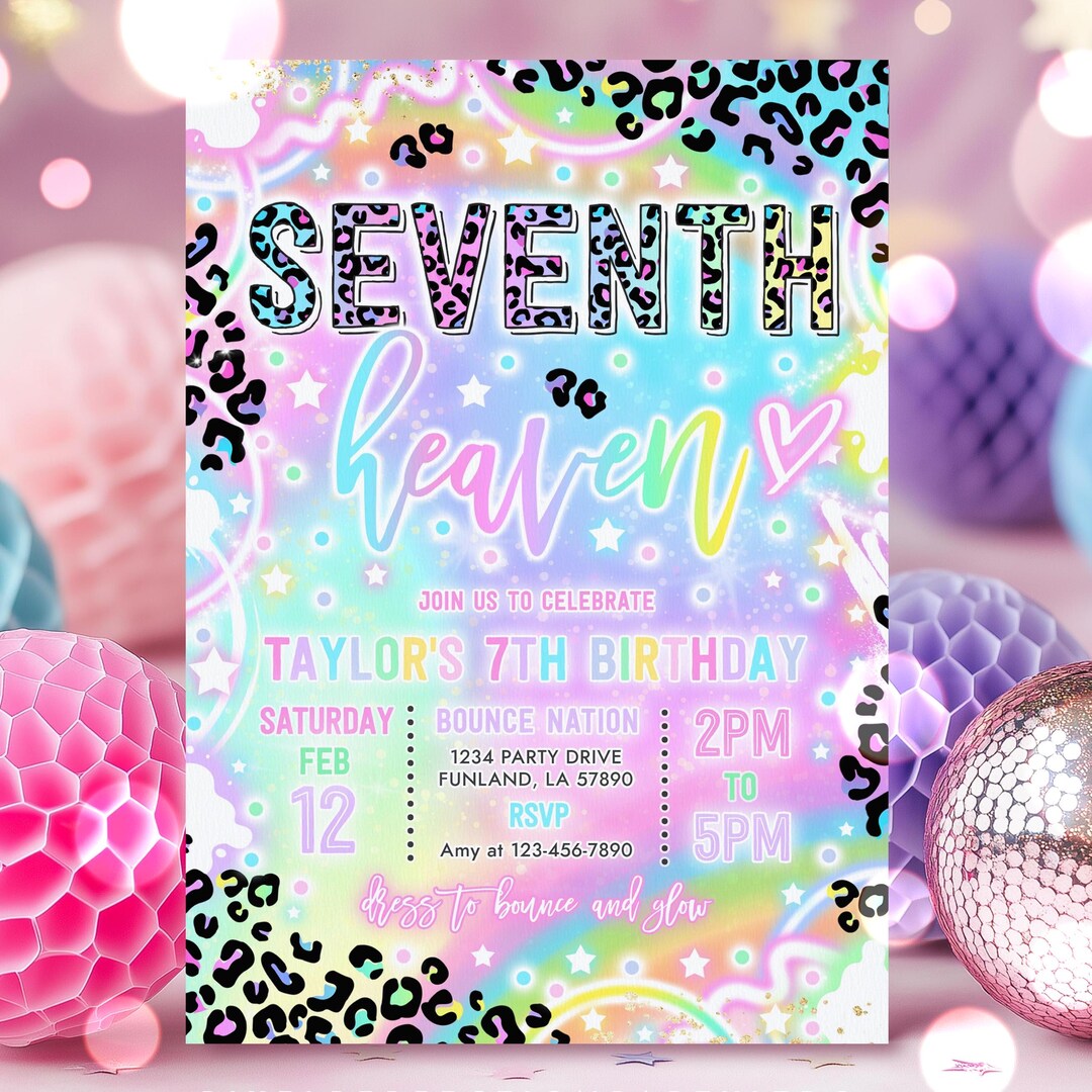 Editable 7th Heaven Pastel Neon Birthday Party Invitation Pastel ...