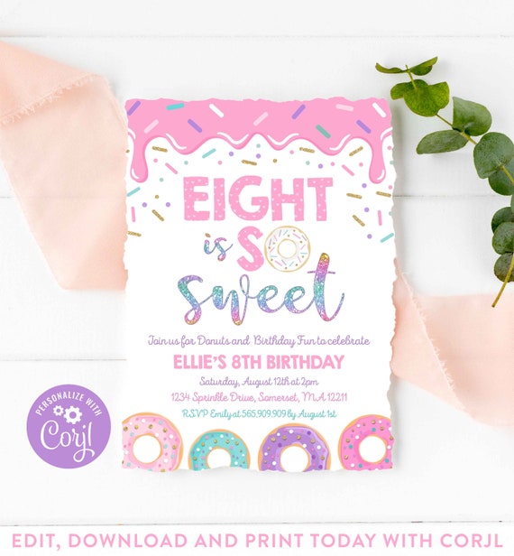 Editable Donut Eight Is Sweet Birthday Invitation Girl Donut 8th