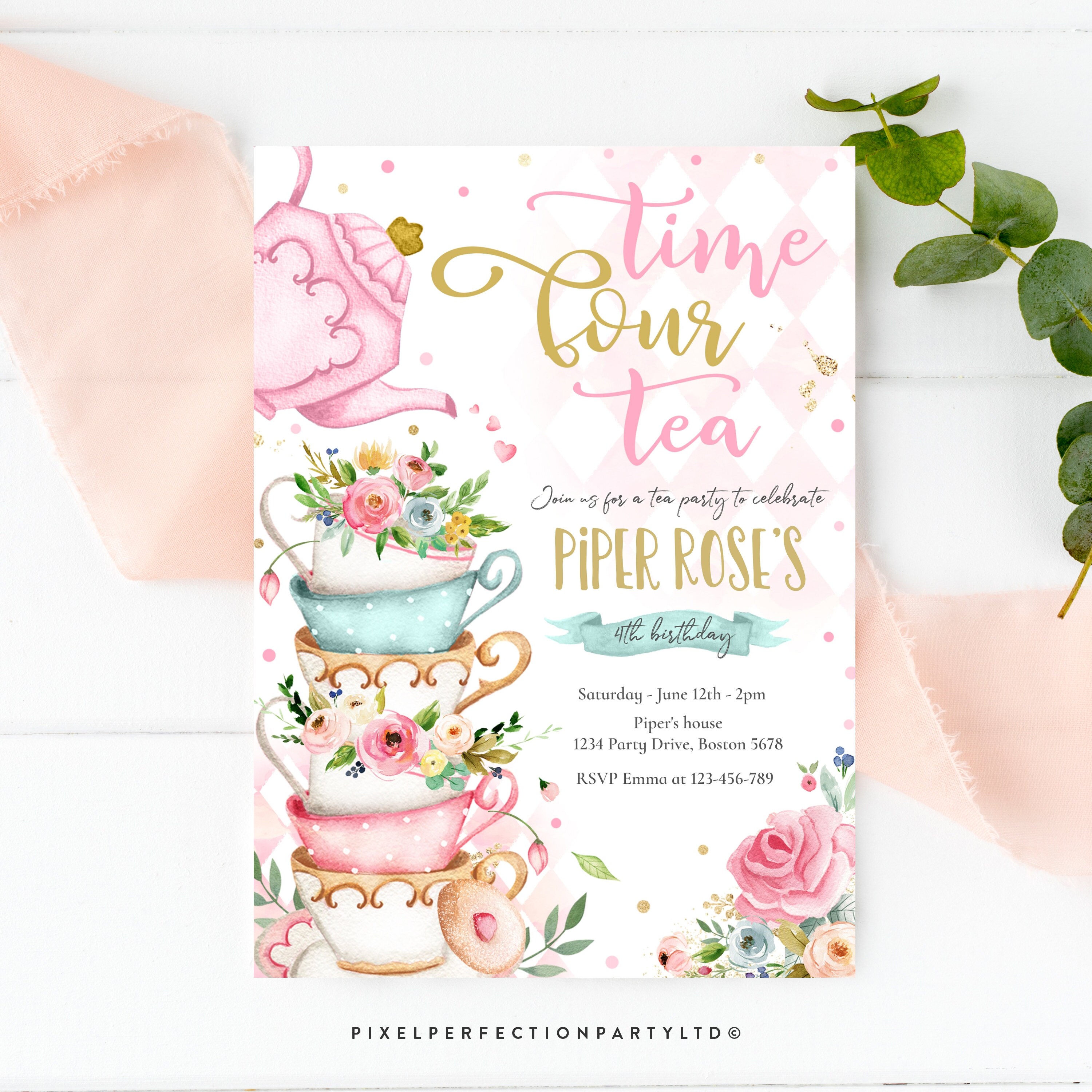 Editable Tea Party Birthday Invitation Time Four Tea 4th | Etsy