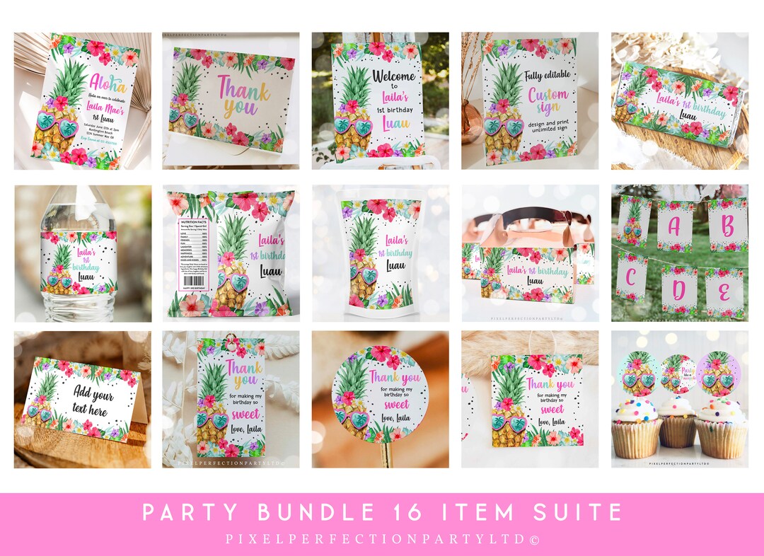 Editable Hawaiian Luau Birthday Invitation and Bundle Pineapple Luau ...