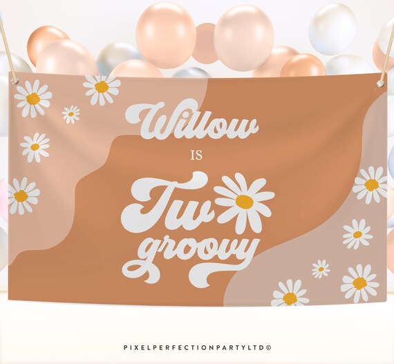 Editable Two Groovy Birthday Backdrop Retro Daisy Two Groovy Birthday ...
