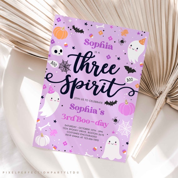 Editable Three Spirit Halloween Ghost 3rd Birthday Party Invitation ...