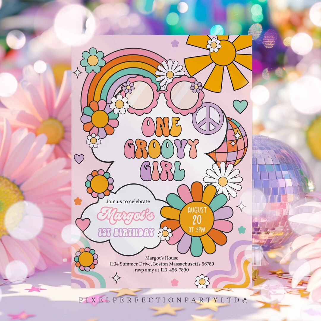 Editable One Groovy Girl Birthday Party Invitation Groovy One 1st ...