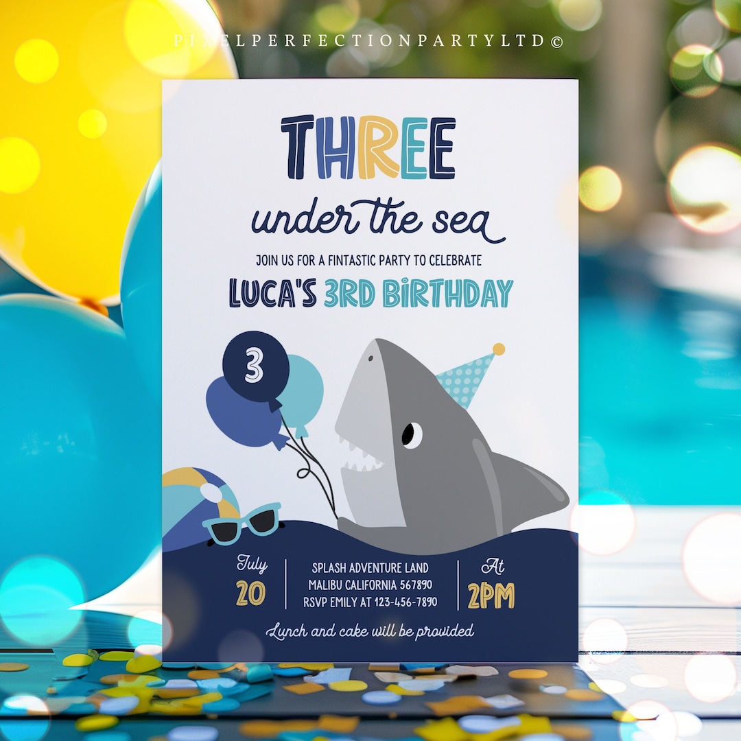 Editable Shark Three Under the Sea 3rd Birthday Party Invitation Shark ...