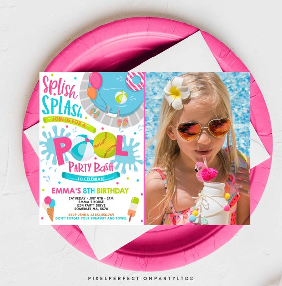 Editable Softball Pool Party Birthday Invitation Girl Summer Softball ...