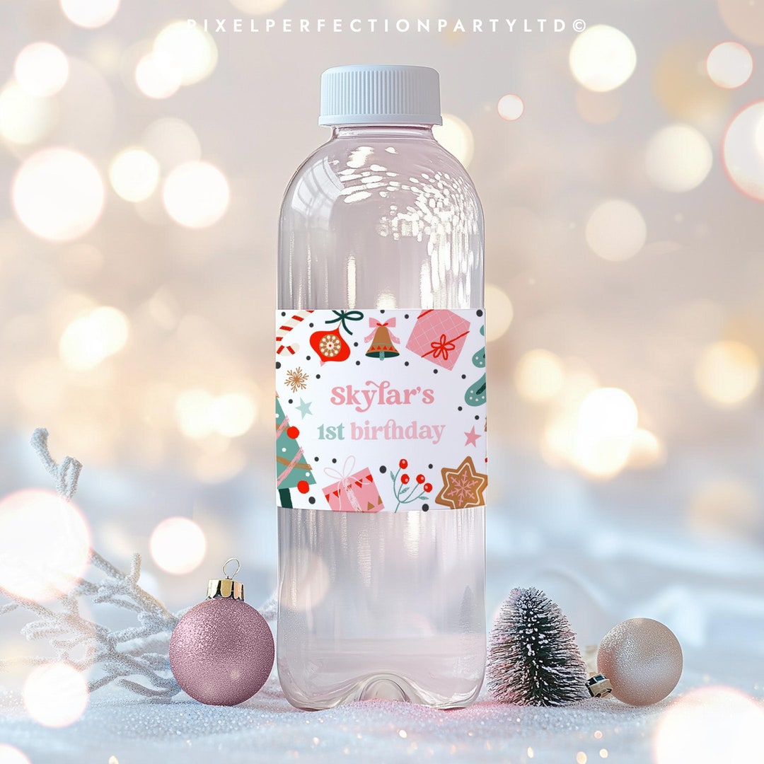 Editable Christmas Birthday Party Water Bottle Label Pink & Red Most ...