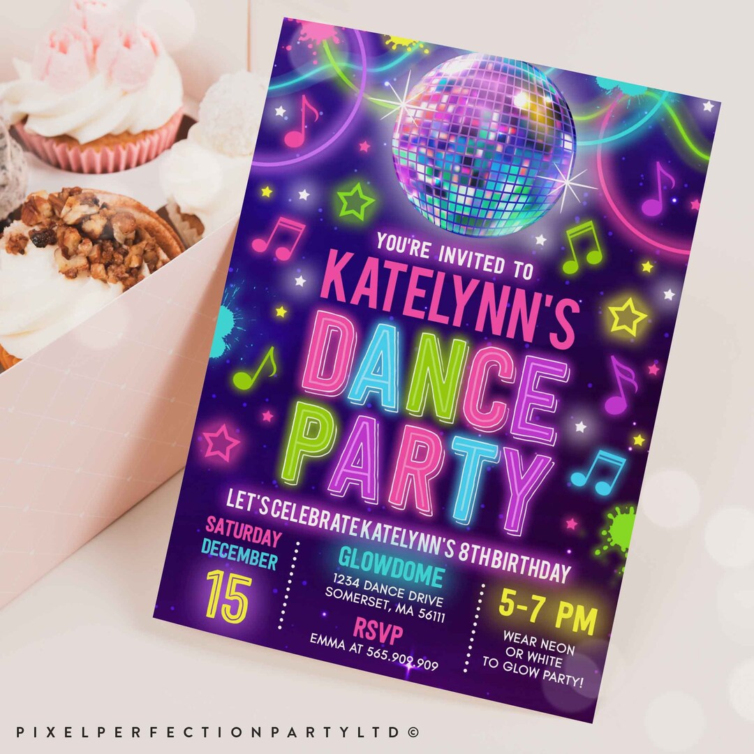 Editable Dance Party Invitation Glow Dance Party Birthday Invitation ...