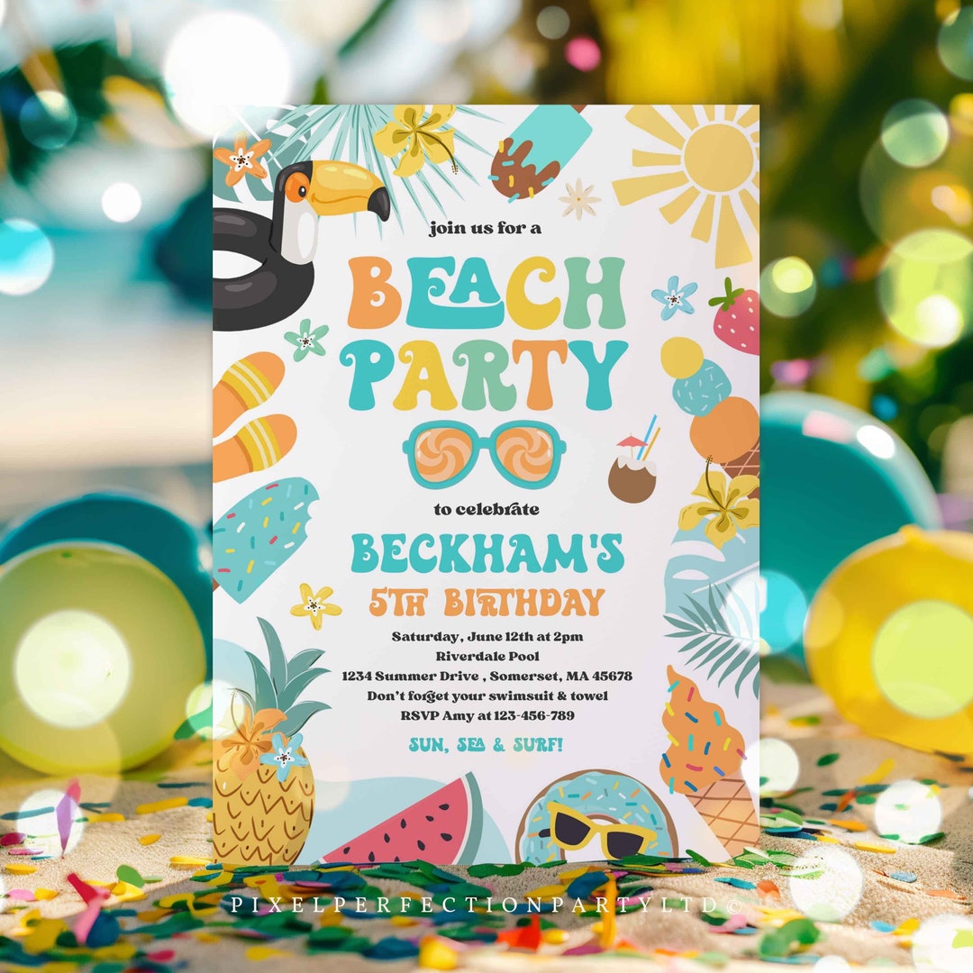 Editable Beach Birthday Party Invitation Tropical Splish Splash Boy ...
