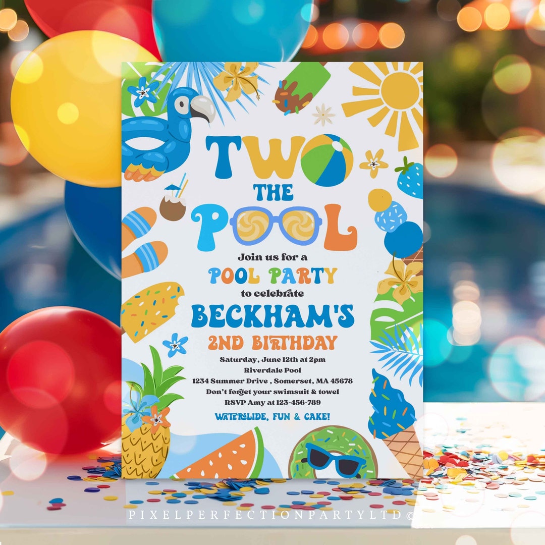 Editable Two the Pool 2nd Birthday Pool Party Invitation Tropical ...