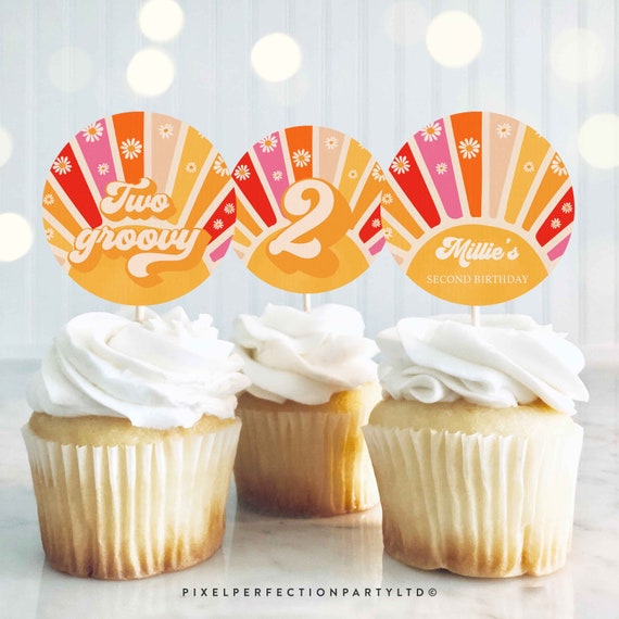 Editable Groovy Birthday Party Circle & Square Cupcake Toppers Retro ...