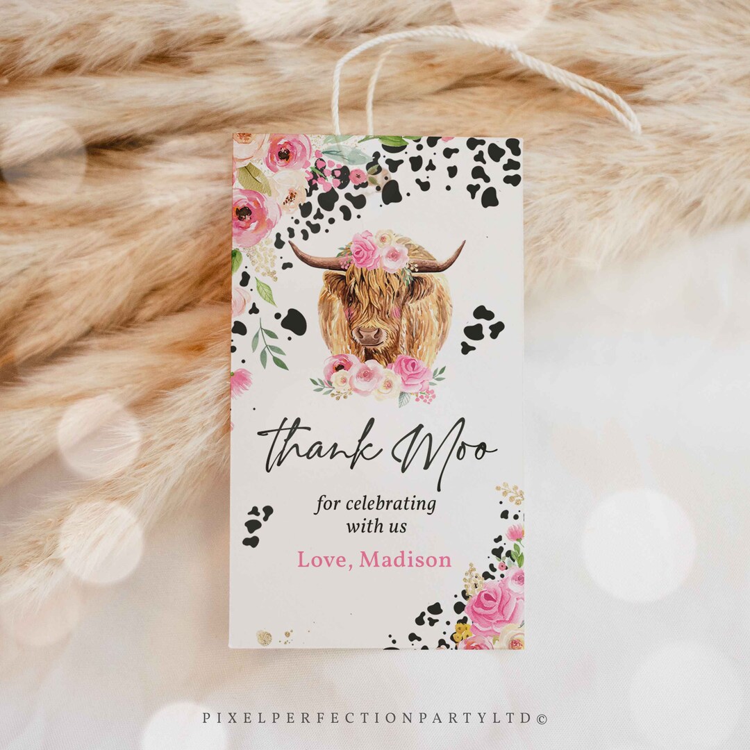 Editable Cow Birthday Party Favor Tags Highland Cow Holy Pink Floral ...