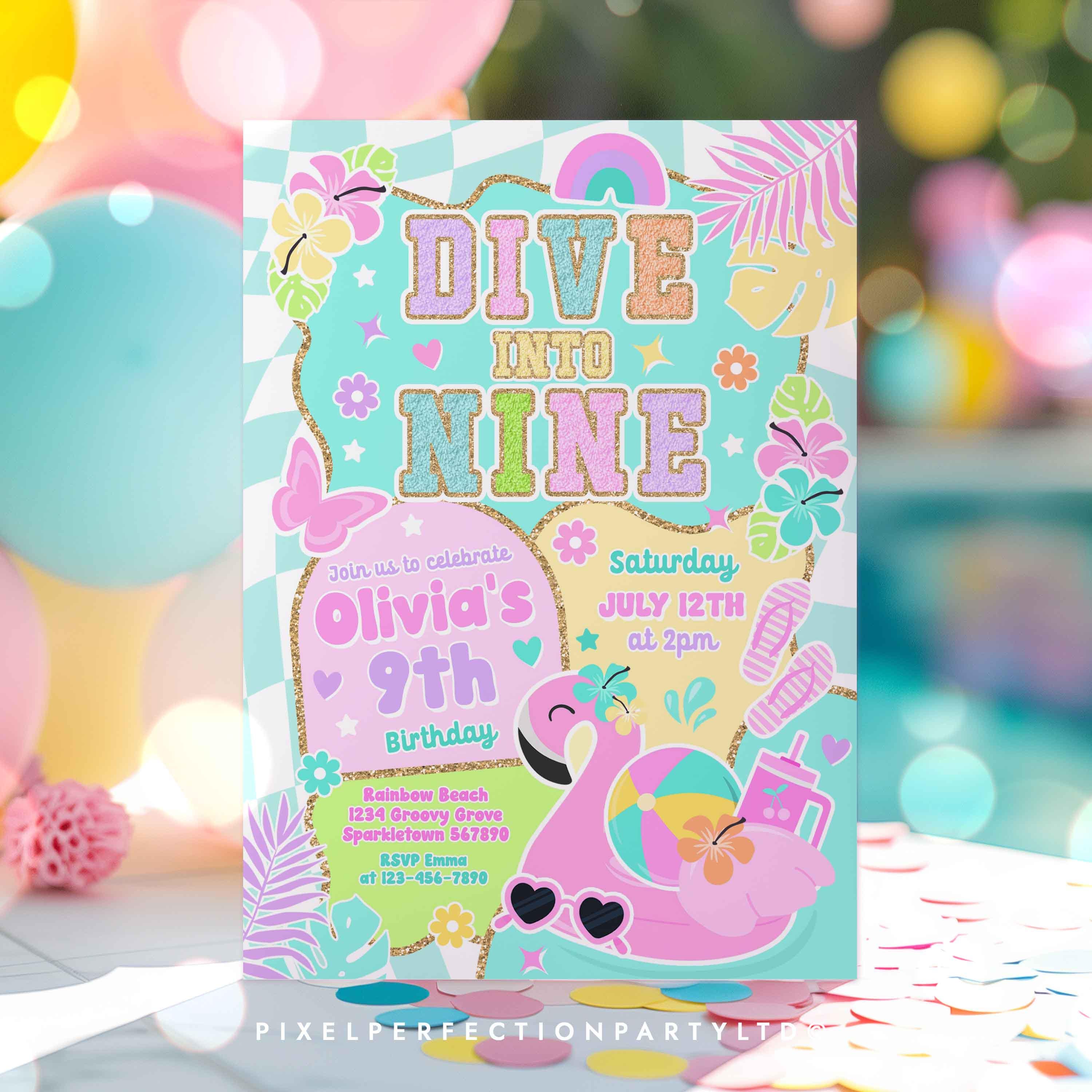 Editable Preppy 9th Birthday Pool Party Invitation Varsity Girl Fashion ...
