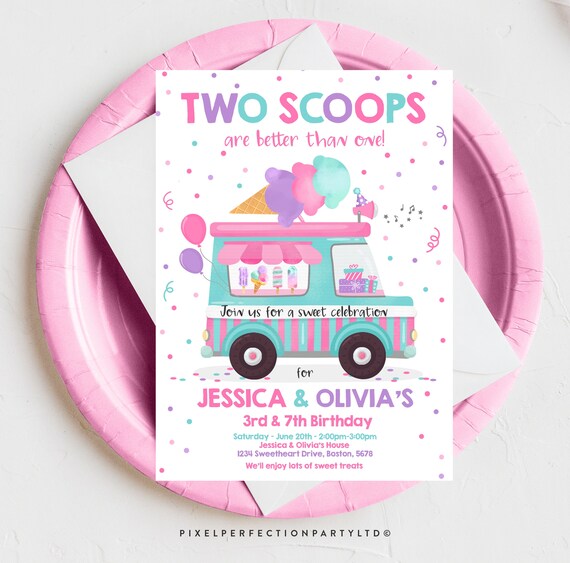 Editable Ice Cream Truck Twin Birthday Invitation Twin Ice Etsy