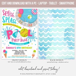Editable Softball Pool Party Birthday Invitation Girl Summer - Etsy