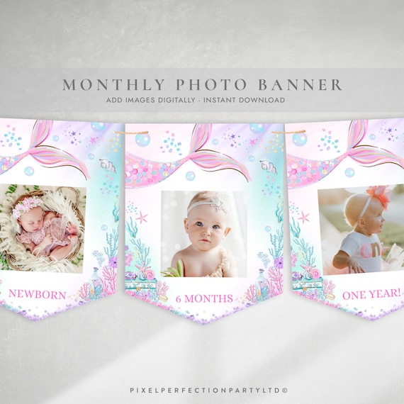 Editable Mermaid Birthday Monthly Photo Banner Mermaid 1st Birthday ...