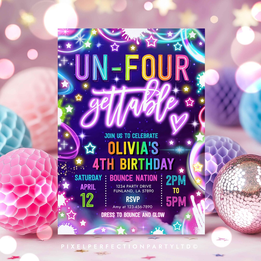 Editable Un-four-gettable Birthday Party Invitation Neon Glow 4th ...