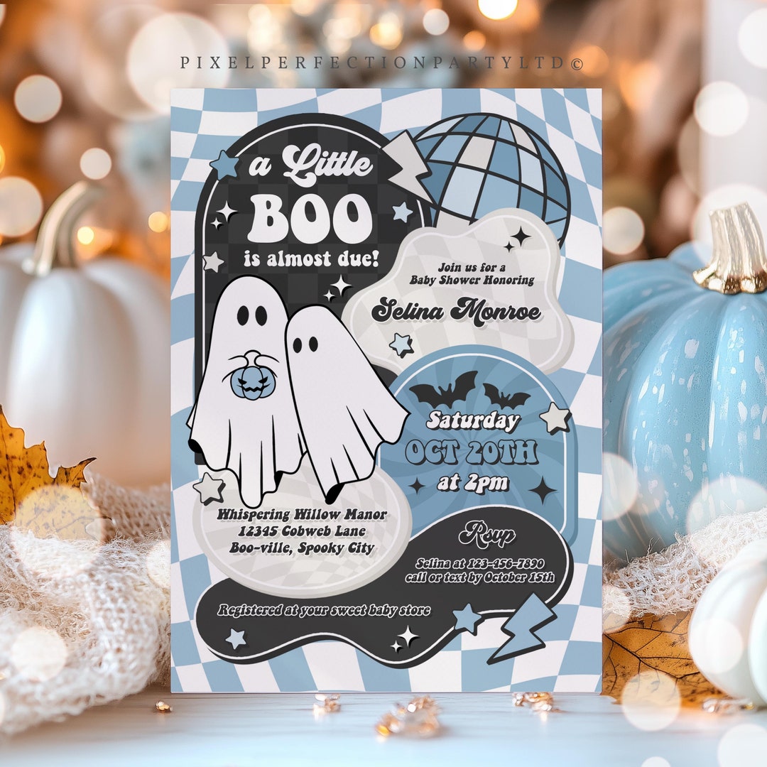 Editable Little Boo Baby Shower Invitation Boy Blue Ghost Baby Shower ...