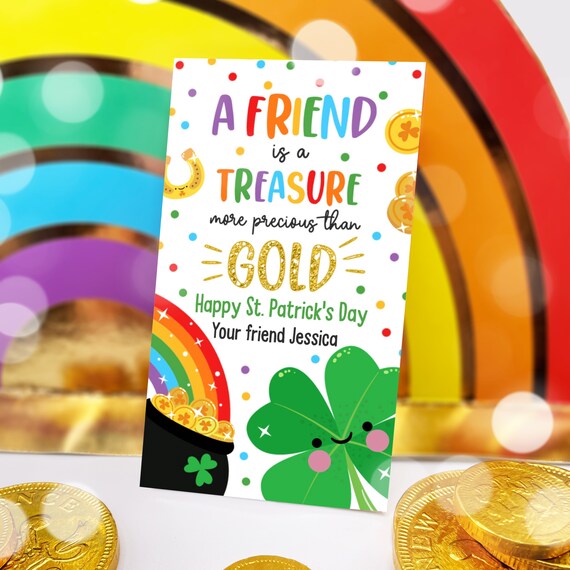 Editable St. Patrick's Day Gift Tag A Friend Is A Treasure More Precious Than Gold Four Leaf ...