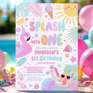 Editable Splash Into One 1st Birthday Pool Party Invitation Tropical ...